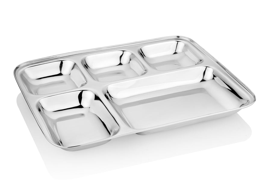 Vinod Stainless Steel Square Edges Mess Tray with 5 Compartment / Stee